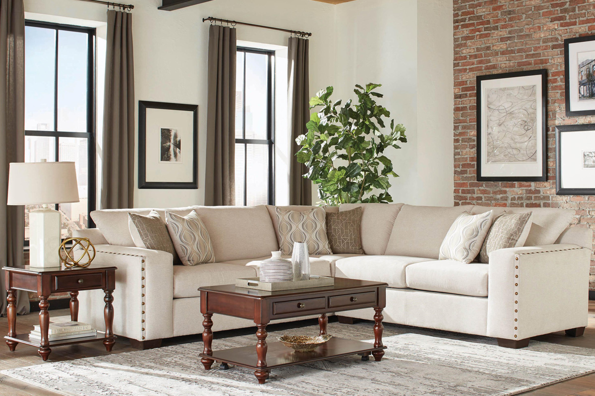 Aria L-Shaped Sectional With Nailhead Oatmeal - Exotic & Rustic Furniture