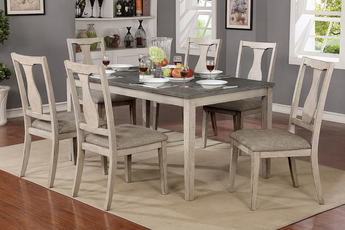 7 Pcs Set Ann Rustic White & Grey Dining Table - Exotic & Rustic Furniture