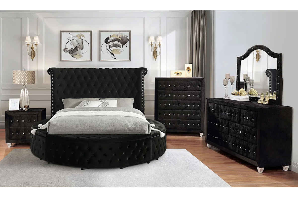 Sansom Glam Black Upholstered Queen Round Bed with USB Ports - Exotic ...