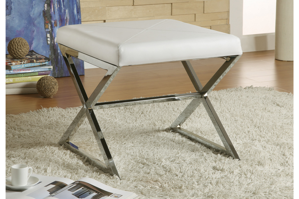 Rita X-Cross Square Ottoman White And Chrome - Exotic & Rustic Furniture
